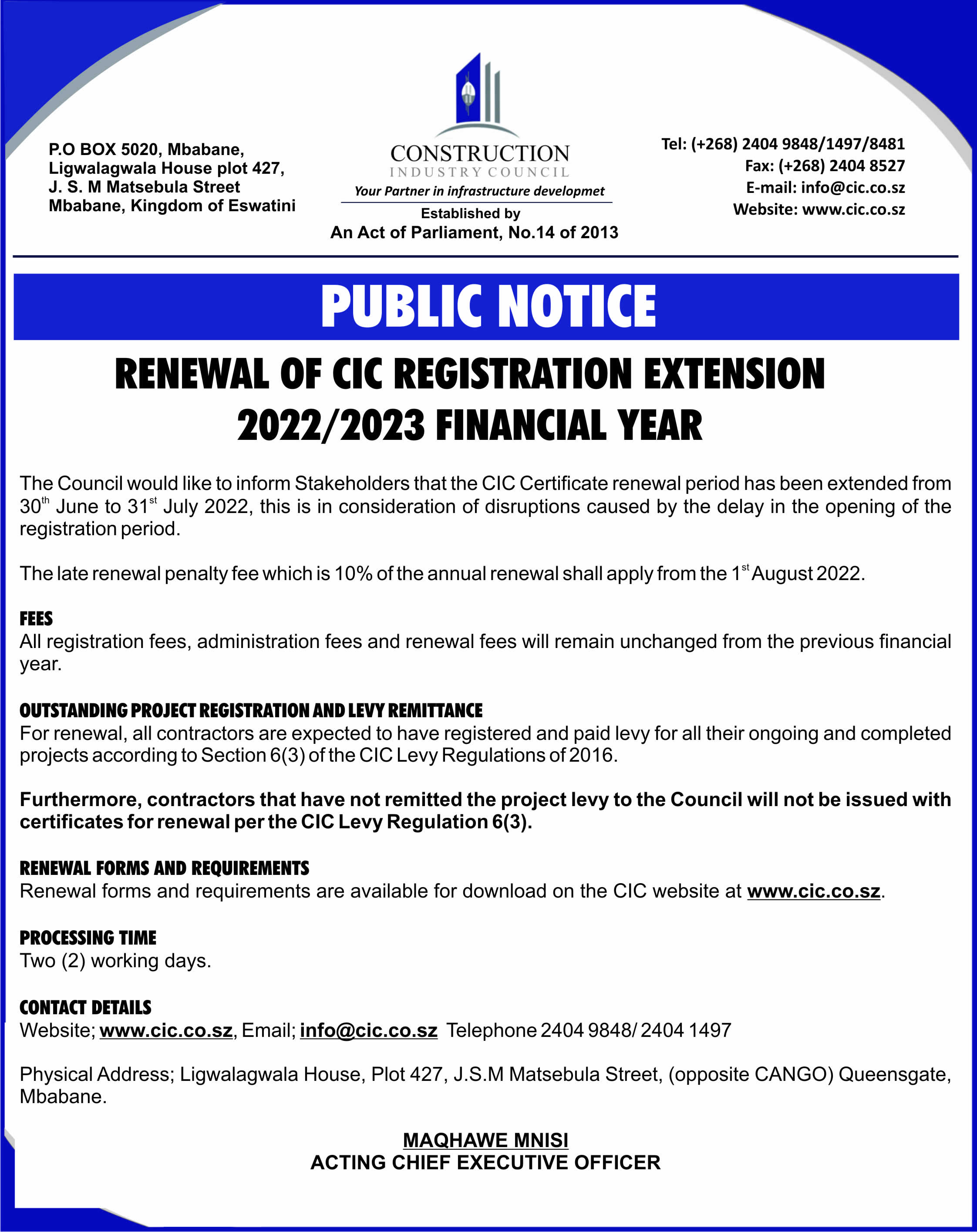 Construction Industry Council Eswatini (CIC)