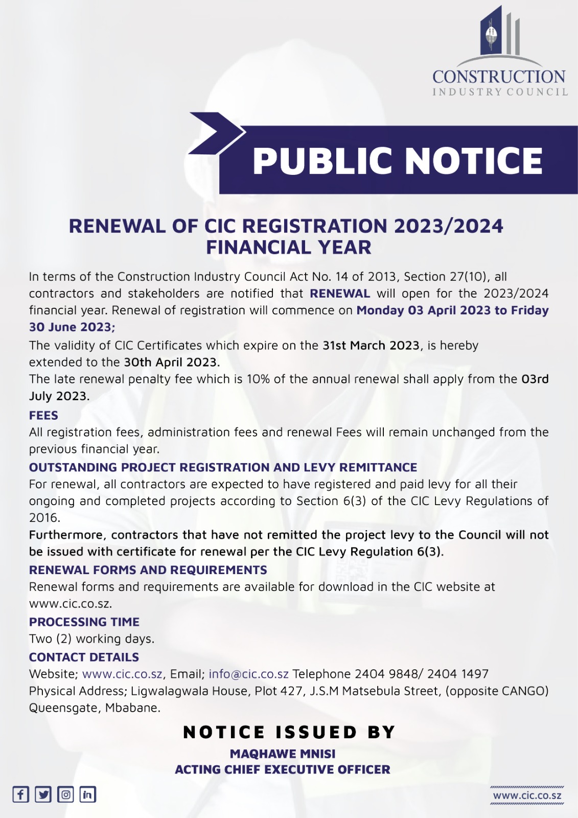 Construction Firms Register — Construction Industry Council Eswatini (CIC)